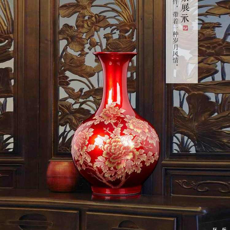 景德镇陶瓷器花瓶摆件中国红色擦花现代中式家居客厅电视柜装饰品