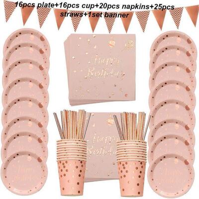 Happy Birthday Decorations Rose Gold dot Disposable Tablewar