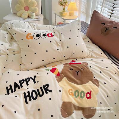 2纯0新25款全棉磨毛卡通官方店铺o贴布绣加厚毛巾绣棉四件套曲奇G