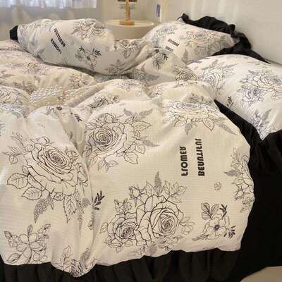 法式复床古浪漫赫本风色花边肤四件套黑亲水洗棉IRU三件套上用品