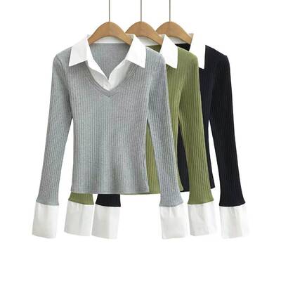 Women'S Faux Two-Piece Velvet Stripe Shirt Collar Top