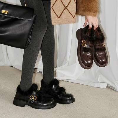 【意大利】René Vanvilla洋气加绒?粗跟4cm 真皮深口毛毛小皮鞋