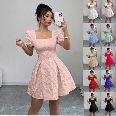 Plus Size Elegant Square Neck Puff Sleeve Midi Dress with