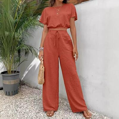 Women's Solid Color Short Sleeve Top & Wide Leg Pants