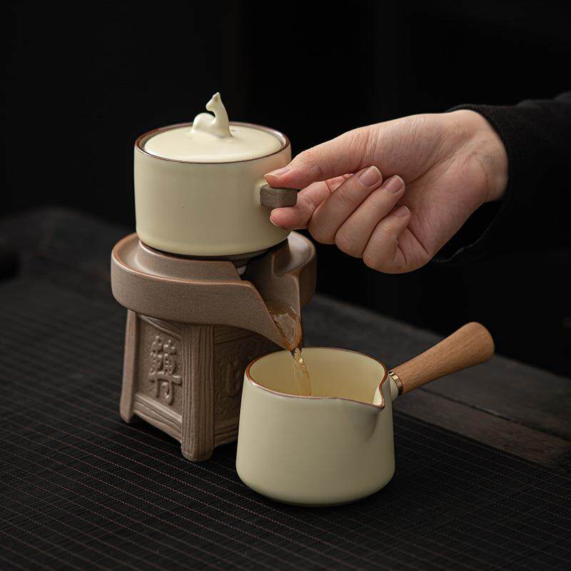 汝窑陶瓷自动茶具套装家用小型石磨茶壶懒人泡茶神器茶壶茶杯套组