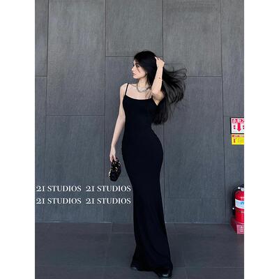 卡戴珊同样的夏天束腰性感辣妹苗条Look紧身黑色吊带裙女士长裙