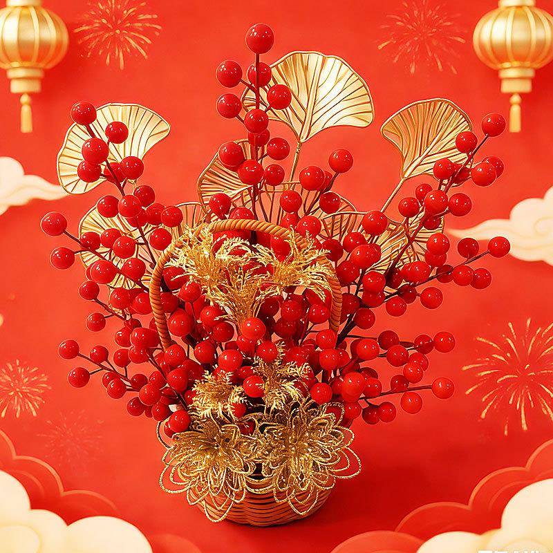 新年发财果摆件冬青红果仿真花装饰年宵花福桶银杏叶发财果花篮