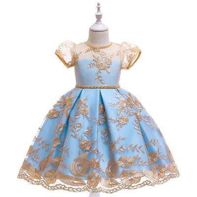 girls floral embroidery bow decor satin dress zipper back a