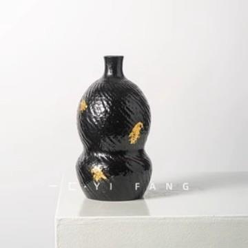 陶色釉花器描金装艺术软样板间CWN店瓷民宿售楼部酒餐桌客厅花瓶