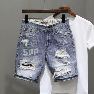 Mens Ripped Denim Shorts for Summer Personality print