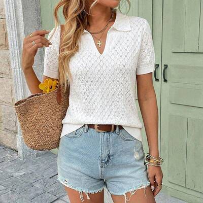 Spring Summer Textured V - Neck Pullover Knit Sweater T -