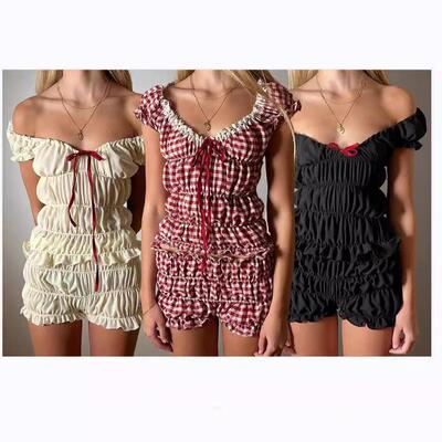 Womens Summer Cute 2 Piece Outfits Short Sleeve Ruched Tops