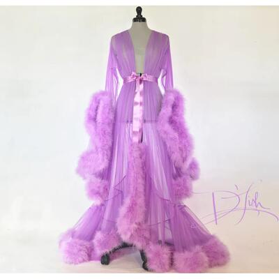 Women Long Sleeve Plush Robe Luxury Kimono See Through