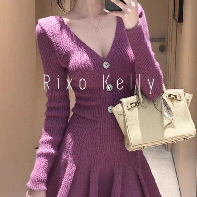 Rixo Kelly早秋氛围穿搭巨好看轻熟独特漂亮绝美紫色针织连衣裙女