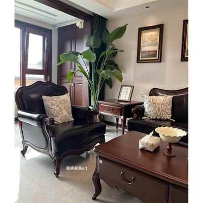 仁豪家具美式复古实木真皮沙发组合高端大小户型客厅皮布艺沙发