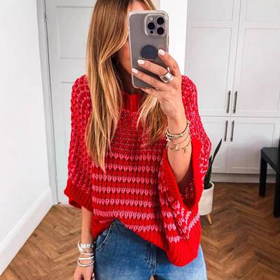 Red 3/4 Draped Sleeve Slouchy Sweater