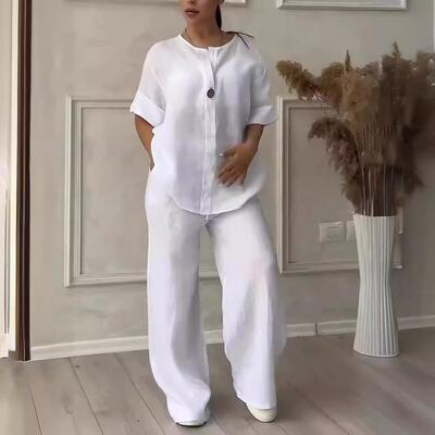 Women's top, wide leg pants, cotton and linen set