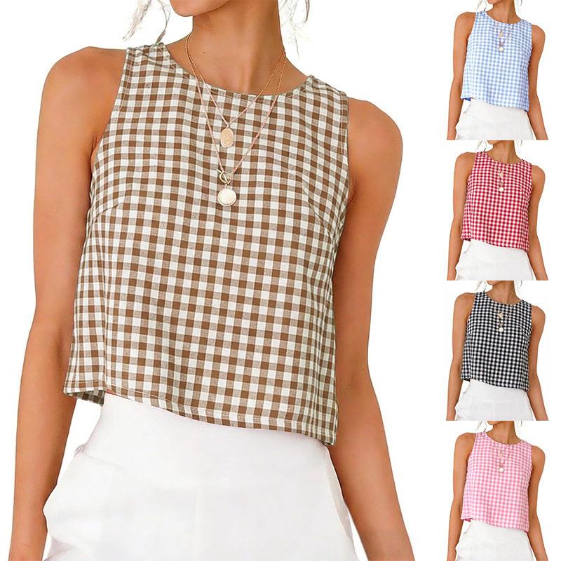 Womens Gingham Crop Tank Tops 2026 Spring Summer Sleeveless