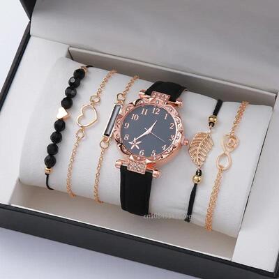 6PCS Set Watch For Women Leather Analog Ladies Quartz Wrist