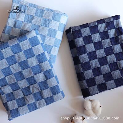 10oz纯棉格子水洗牛仔布面料denim fabric蓝色格子面料格子布全棉