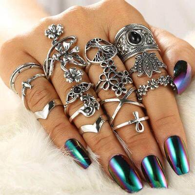 Black Flower Ring Set Matching Ringen for Women Anillo