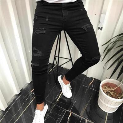 Men's Slim-fitting Solid Color Ripped Denim Skinny Jeans