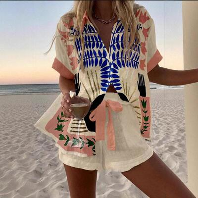 Women Sleeve Outfit Beach Featuring Printed Shirt Shorts