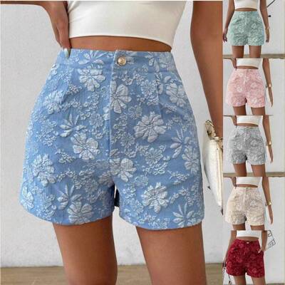 Women Floral Jacquard Waist Shorts Casual Summer Bottoms