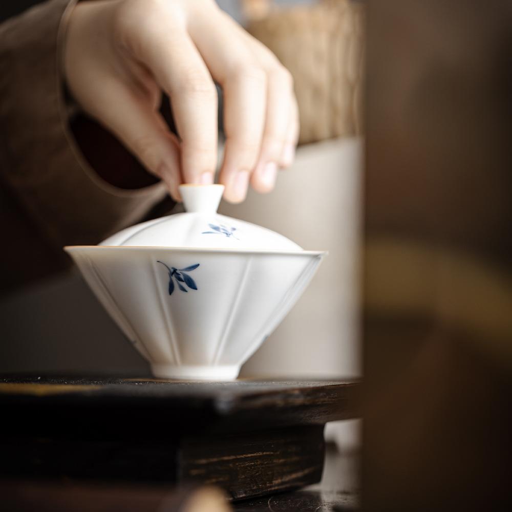 泥人述 玉泥手绘兰心斗笠盖碗 釉下彩手作蝴蝶兰二才家用泡茶碗
