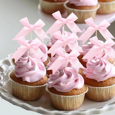 10pcs Pink Bow Cupcake Topper Pink Bow Birthday Decor Coquet