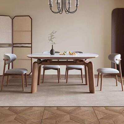 简约现代实木餐岩板餐伸桌椅组合KKR缩折叠桌子方圆桌用两用家小