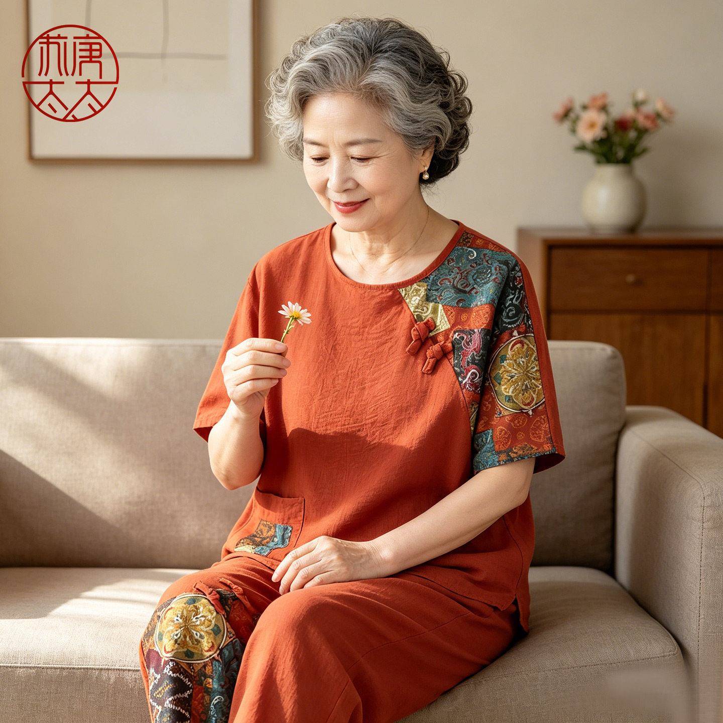 妈妈夏装棉麻套装女老人短袖中老年人民族风两件套奶奶夏季衣服薄