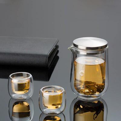 尚明旅行1壶两杯整套车载功夫茶具双层耐热防烫玻璃快客茶壶L005S