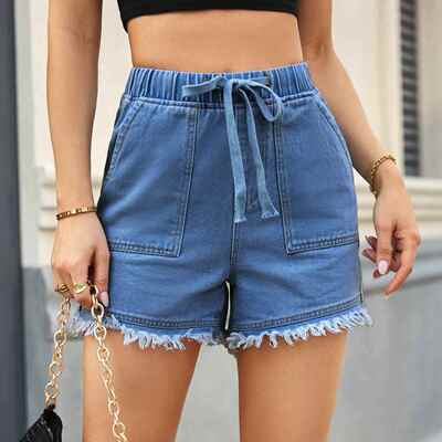 Elastic waist drawstring high waisted fringed denim shorts