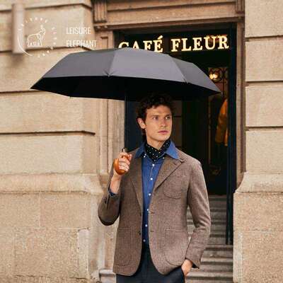 闲象商务实木弯勾伞8叠加骨强抗风三折全自木动弯柄晴雨伞AIP折雨