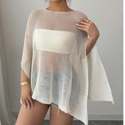 Women's Sheer Poncho Top Crochet Knit Beach Cover Up Tops Su