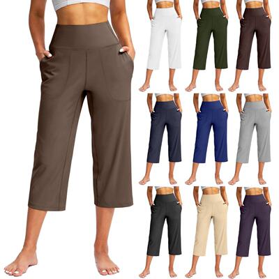 2025Women's Solid Color Wide-Leg Cropped Pants with Pockets,