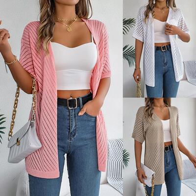 Women'S Summer Hollow Out Short Sleeve Knit Cardigan,