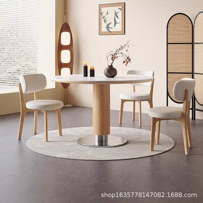 中古复古实木岩板胡餐桌法式小户CY2197型家用不洽锈钢桃色圆形风