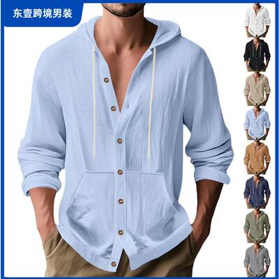 Men Autumn Winter Sleeve Hooded Shirt Linen Casual Workwear