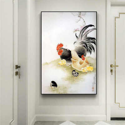 大吉大利雄鸡大公鸡图简约报晓版竖晶金鸡画玄关图公鸡图装饰画瓷