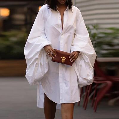 Yeezzi Female Fashion White Statement Puff Sleeves Loose Ple