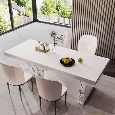 轻奢岩餐桌桌油椅QFM组合现代约饭桌大小户型长板方形白色网红奶