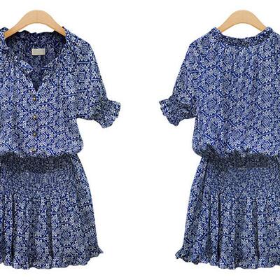 Summer short skirt printed casual V-neck dress 百搭V领短裙