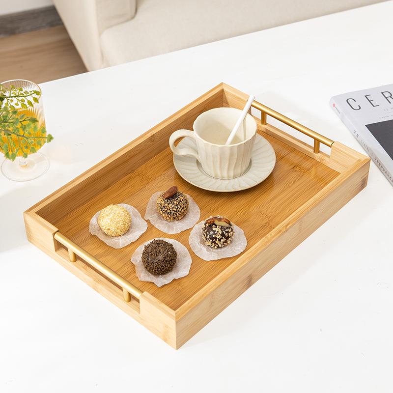 茶现代简约手提竹式制托盘家用餐厅茶具茶盘盘长方形糕点金色手提