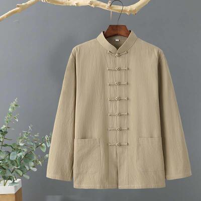 高档国中风唐装男中老年棉麻盘扣袖秋打底长衫禅修服中复古亚式麻