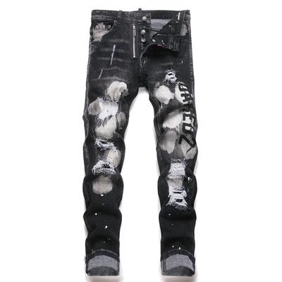 Men's small leg jeans black distressed patch printed mid