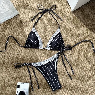 Vintage polka dot lace patchwork bikini 波点拼接花边系绳泳衣