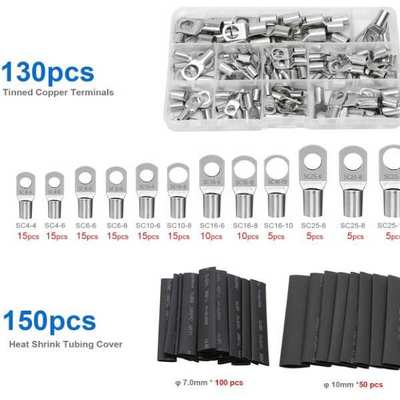 280pcs窥口铜管端子SC接线端子130PCS+150PCS铜鼻子热缩管