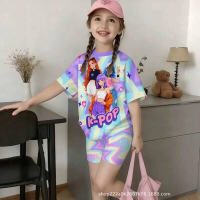 spring summer girls casual twopiece set cartoon girl print